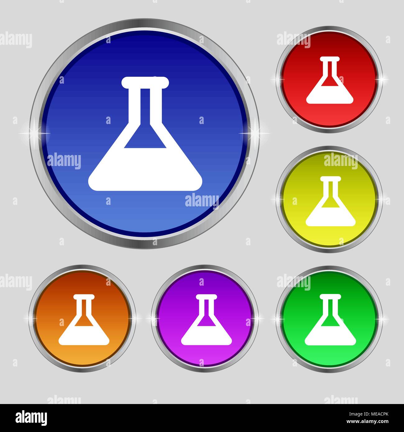 Conical Flask icon sign. Round symbol on bright colourful buttons ...