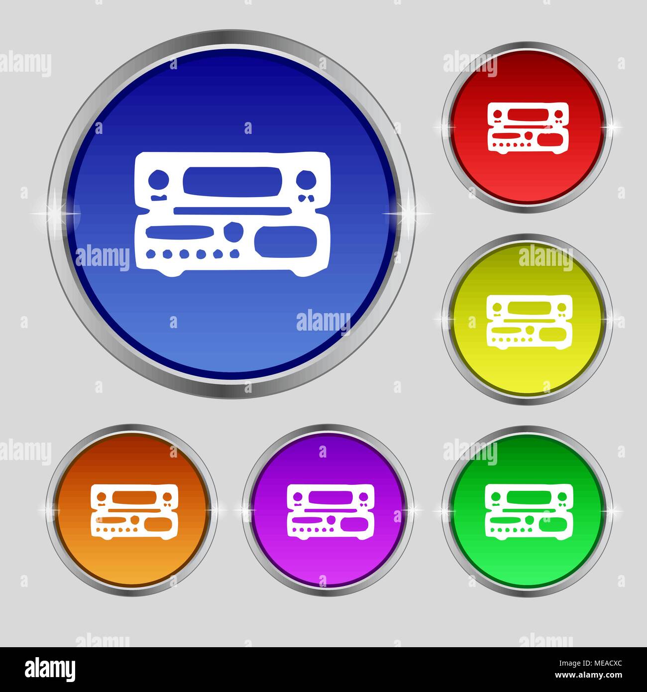 radio, receiver, amplifier icon sign. Round symbol on bright colourful ...