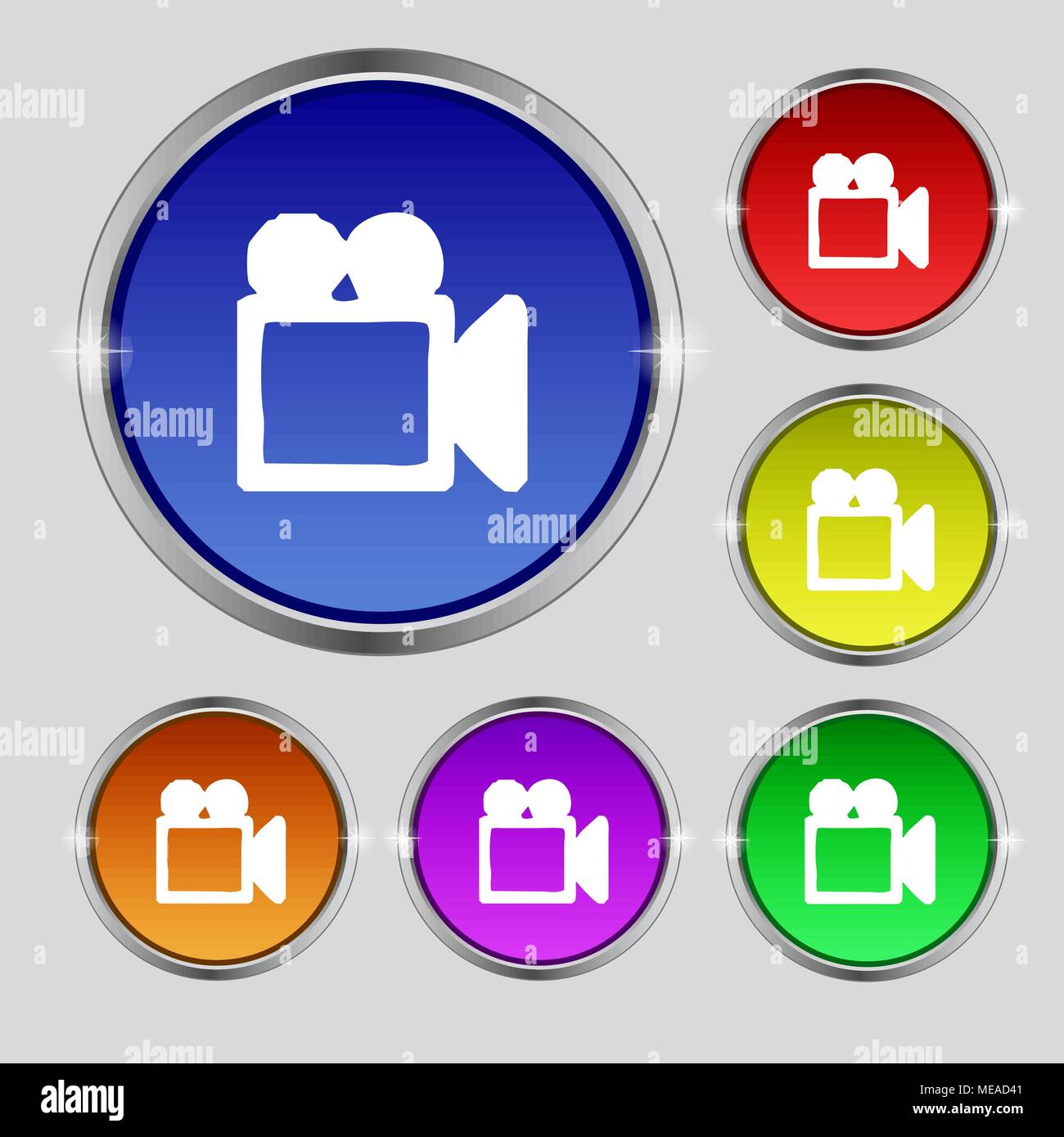 camcorder icon sign. Round symbol on bright colourful buttons. Vector ...