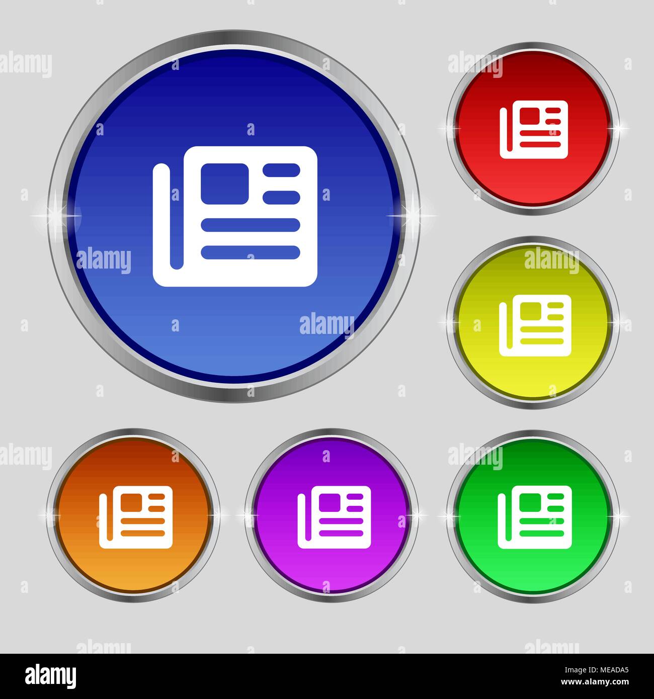 book, newspaper icon sign. Round symbol on bright colourful buttons ...