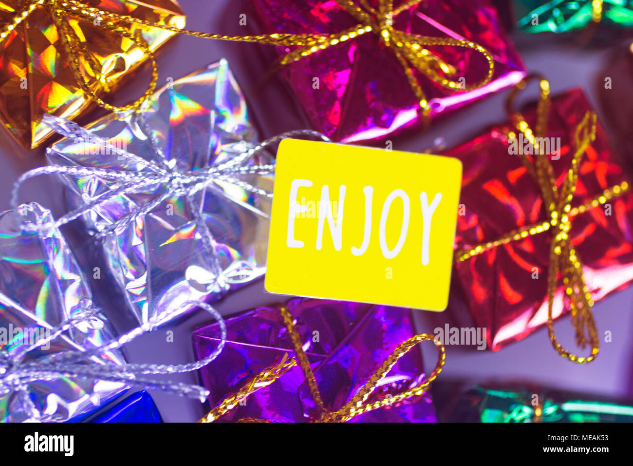 Christmas party celebration presents gift wrapped miniatures Enjoy tag ...