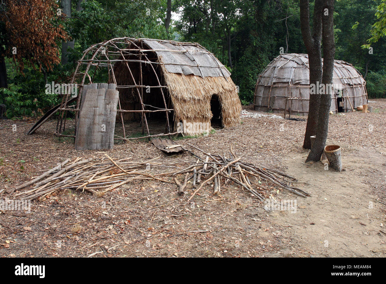 detail of wigwams at recreated contact American Indian village along ...