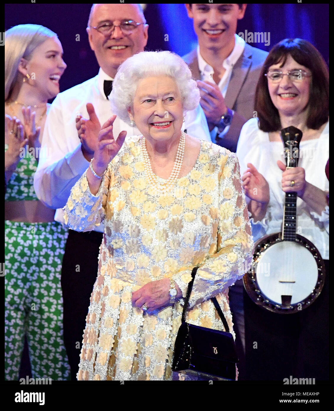 Queen Elizabeth II on stage at the Royal Albert Hall in London during a ...