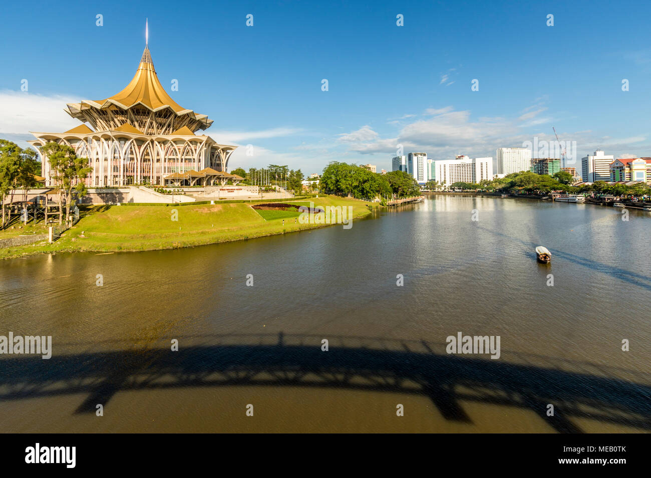 Boats on Sarawak river near the Sarawak State Assembly Building Kuching ...