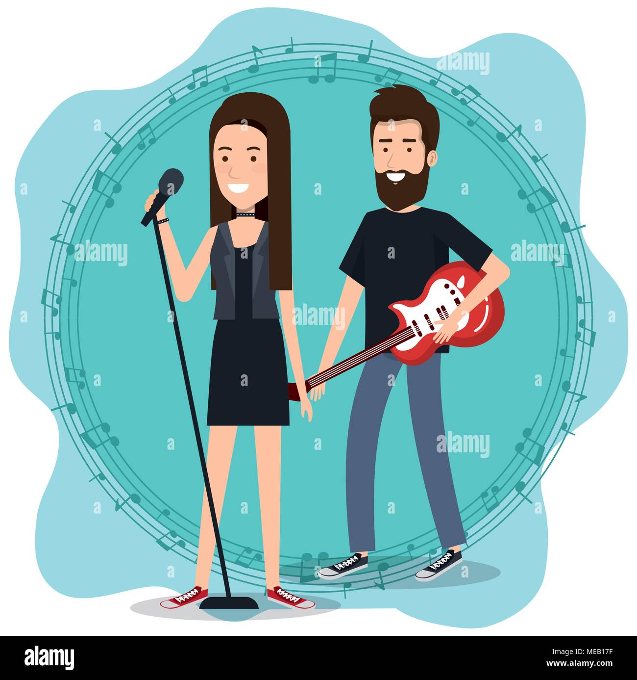 music festival live with couple playing electric guitar and sing vector ...