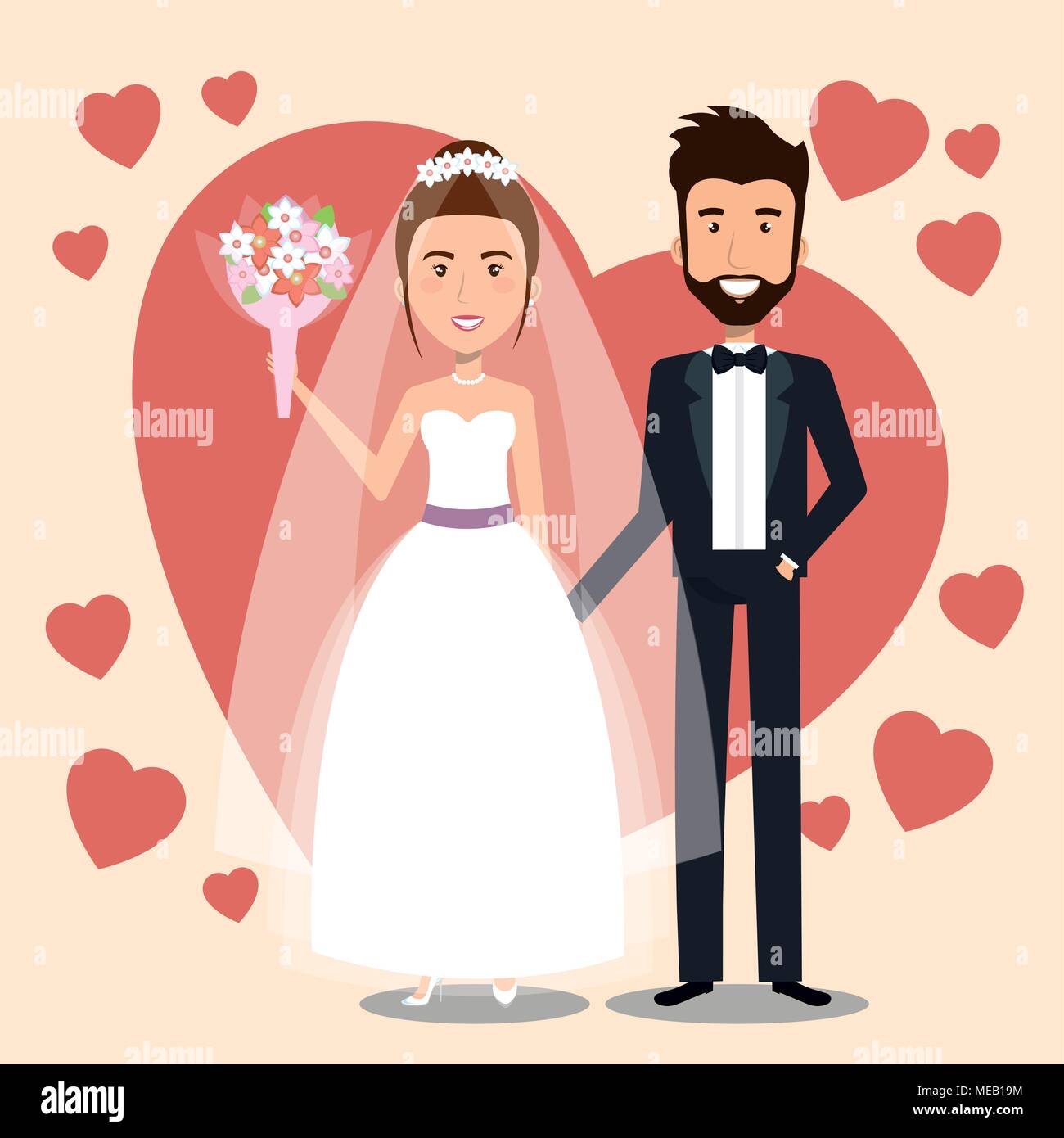 just married couple with hearts avatars characters vector illustration ...