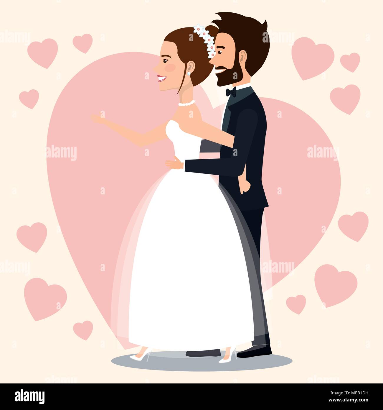 just married couple with hearts avatars characters vector illustration ...