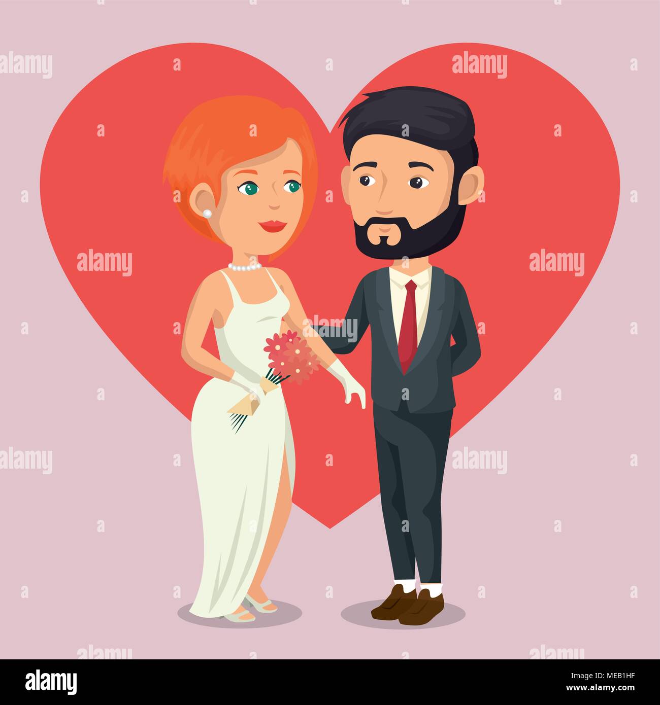 just married couple with hearts avatars characters vector illustration ...