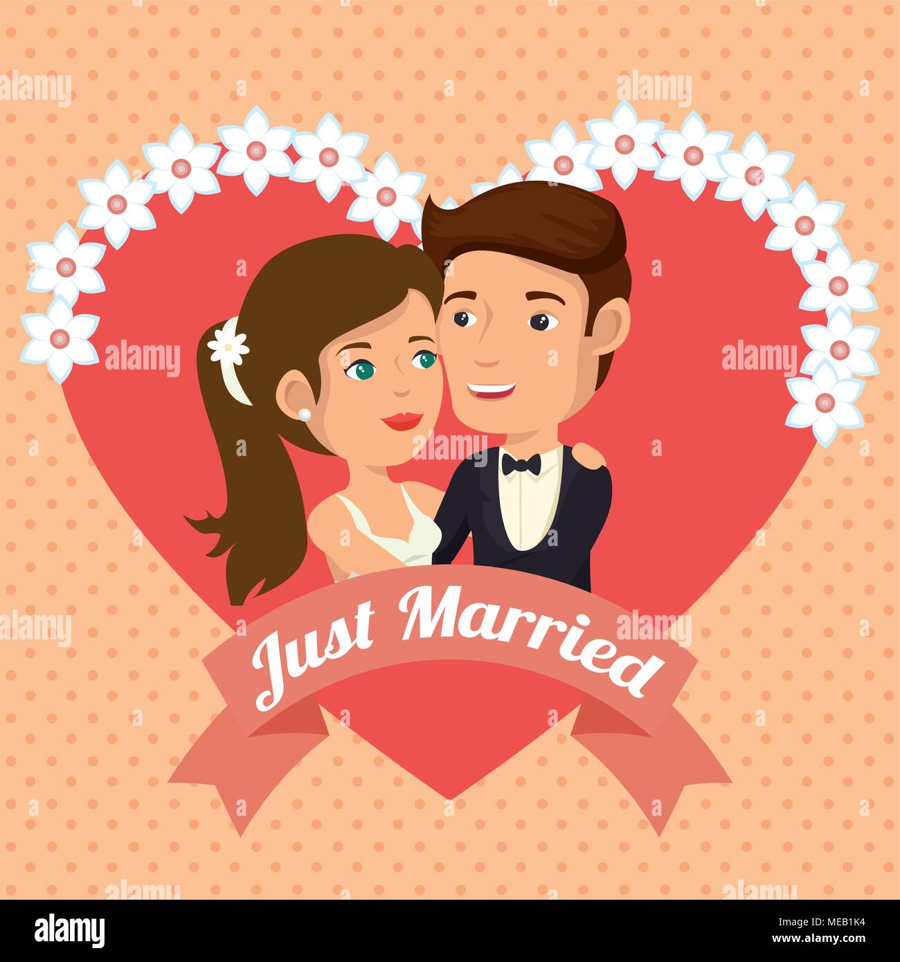just married couple with hearts avatars characters vector illustration ...