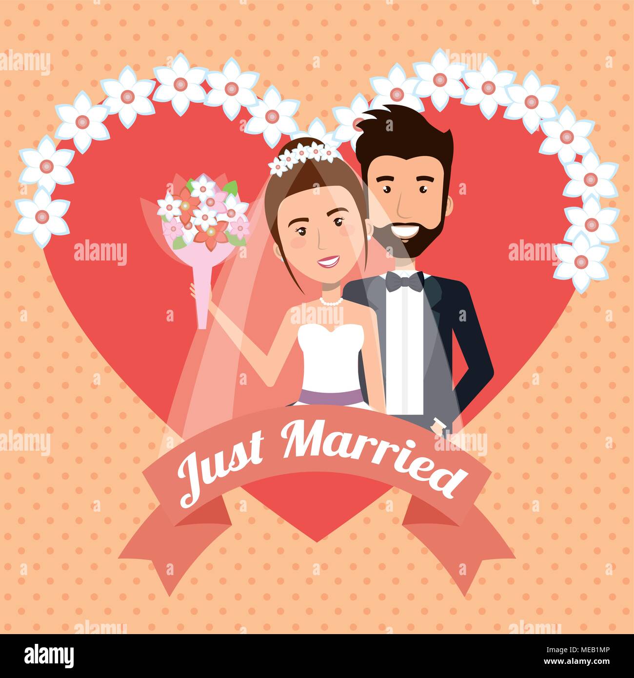 just married couple with hearts avatars characters vector illustration ...