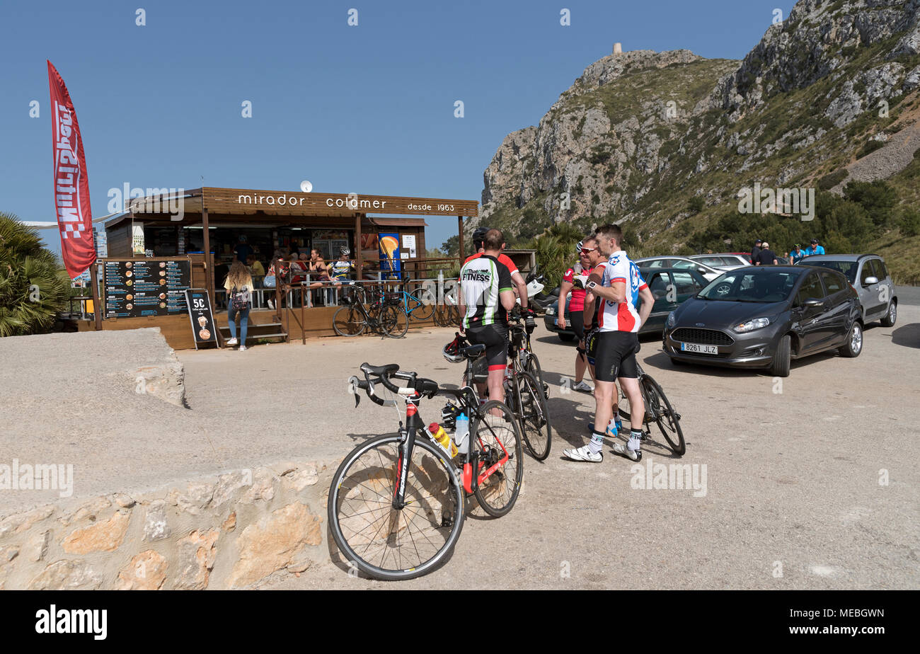 Mirador des Colomer, Formentor, Mallorca. 2018. Cycle riders rest stop ...
