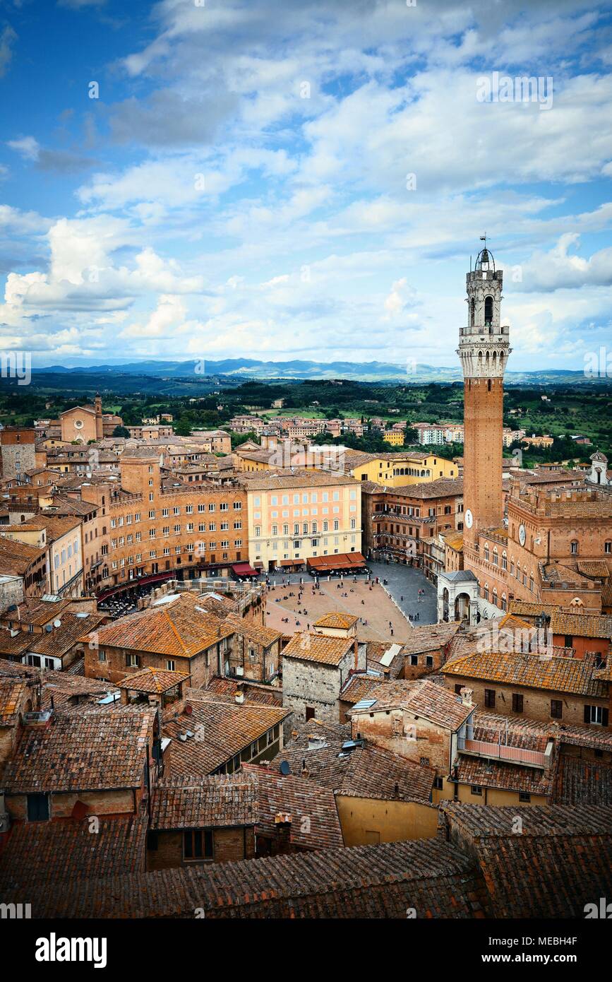 Medieval town Siena skyline view with historic buildings and Town Hall ...