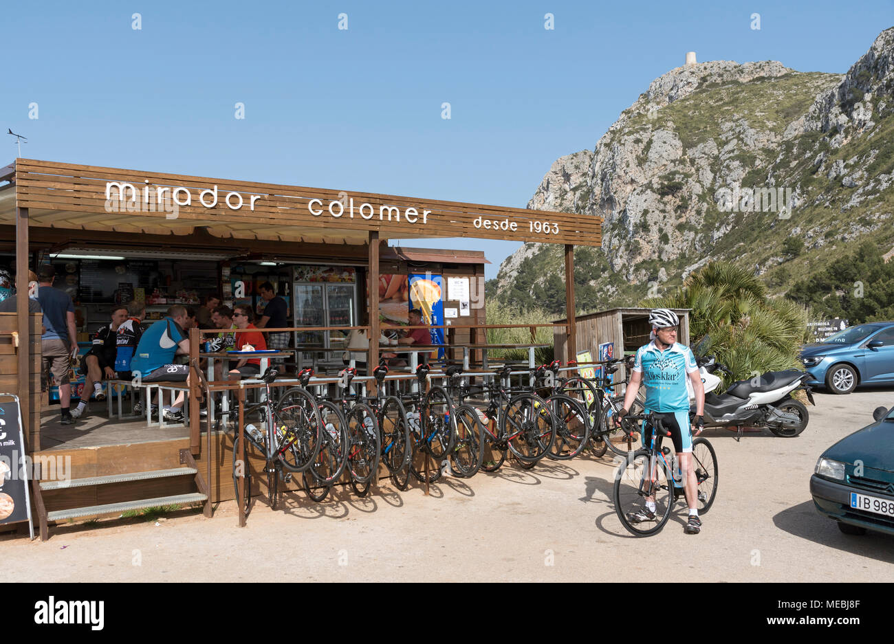 Mirador des Colomer, Formentor, Mallorca. 2018. Cycle riders rest stop ...