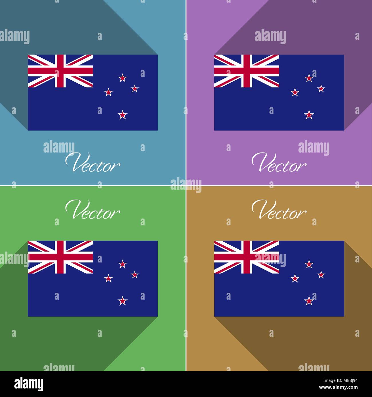 Flags of New Zeland. Set of colors flat design and long shadows. Vector ...