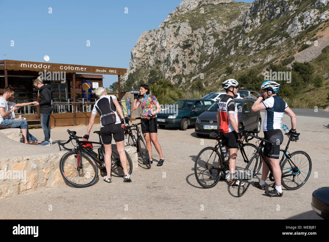 Mirador des Colomer, Formentor, Mallorca. 2018. Cycle riders rest stop ...