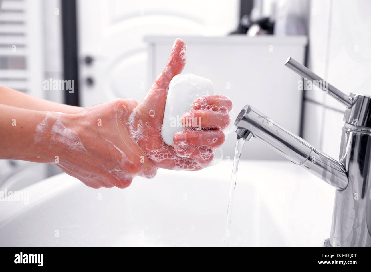 Soapy hand with thumb up. Hand hygiene and protection. Antibacterial ...