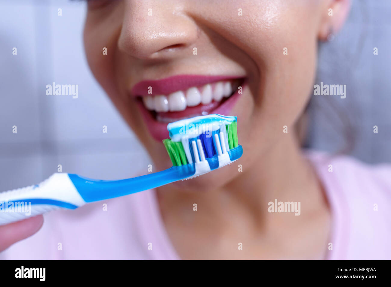 Close up of Clean and white teeth. Ready for cleaning teeth, toothbrush ...