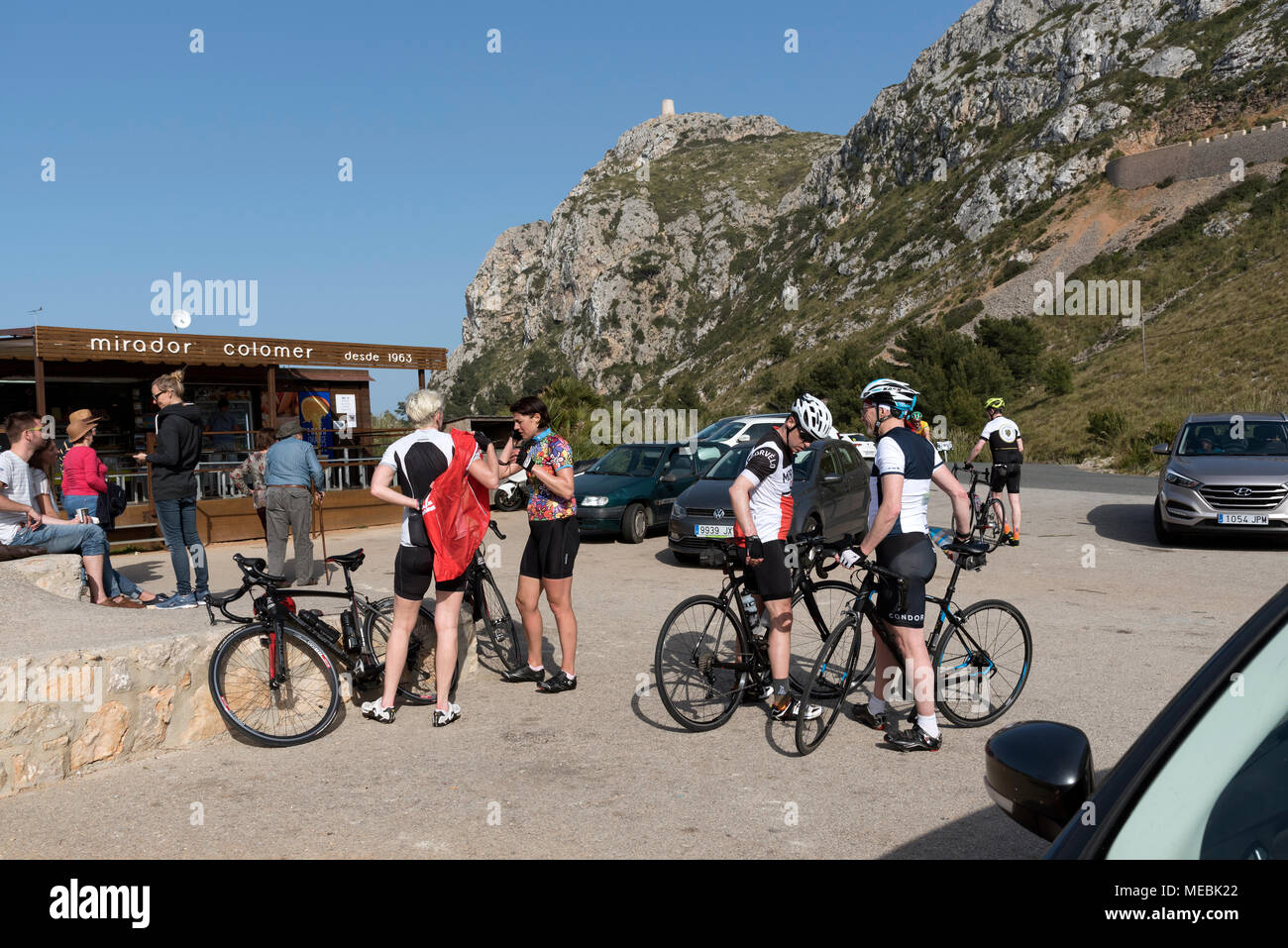 Mirador des Colomer, Formentor, Mallorca. 2018. Cycle riders rest stop ...