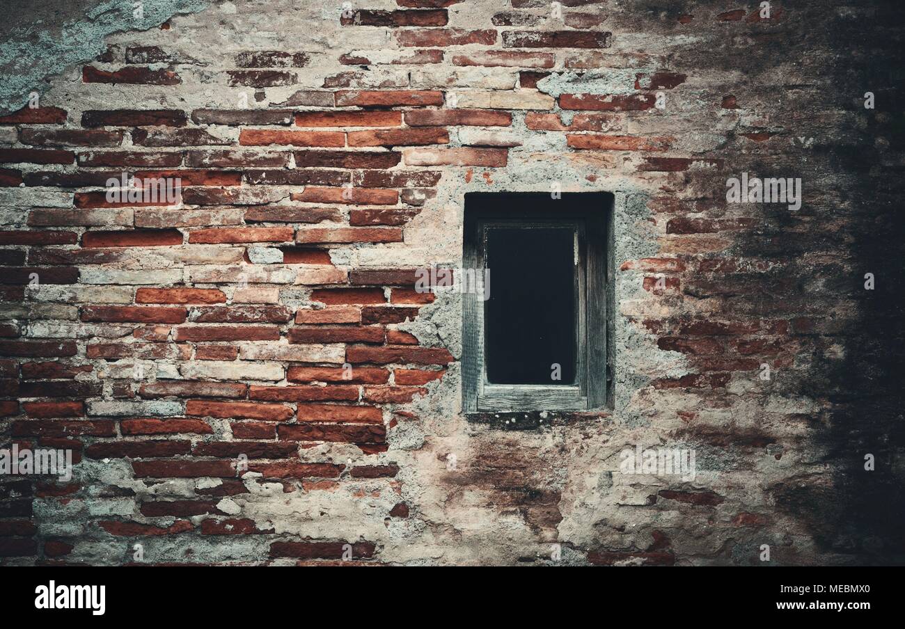 Vintage window with brick texture closeup in medieval Town Lucca in ...