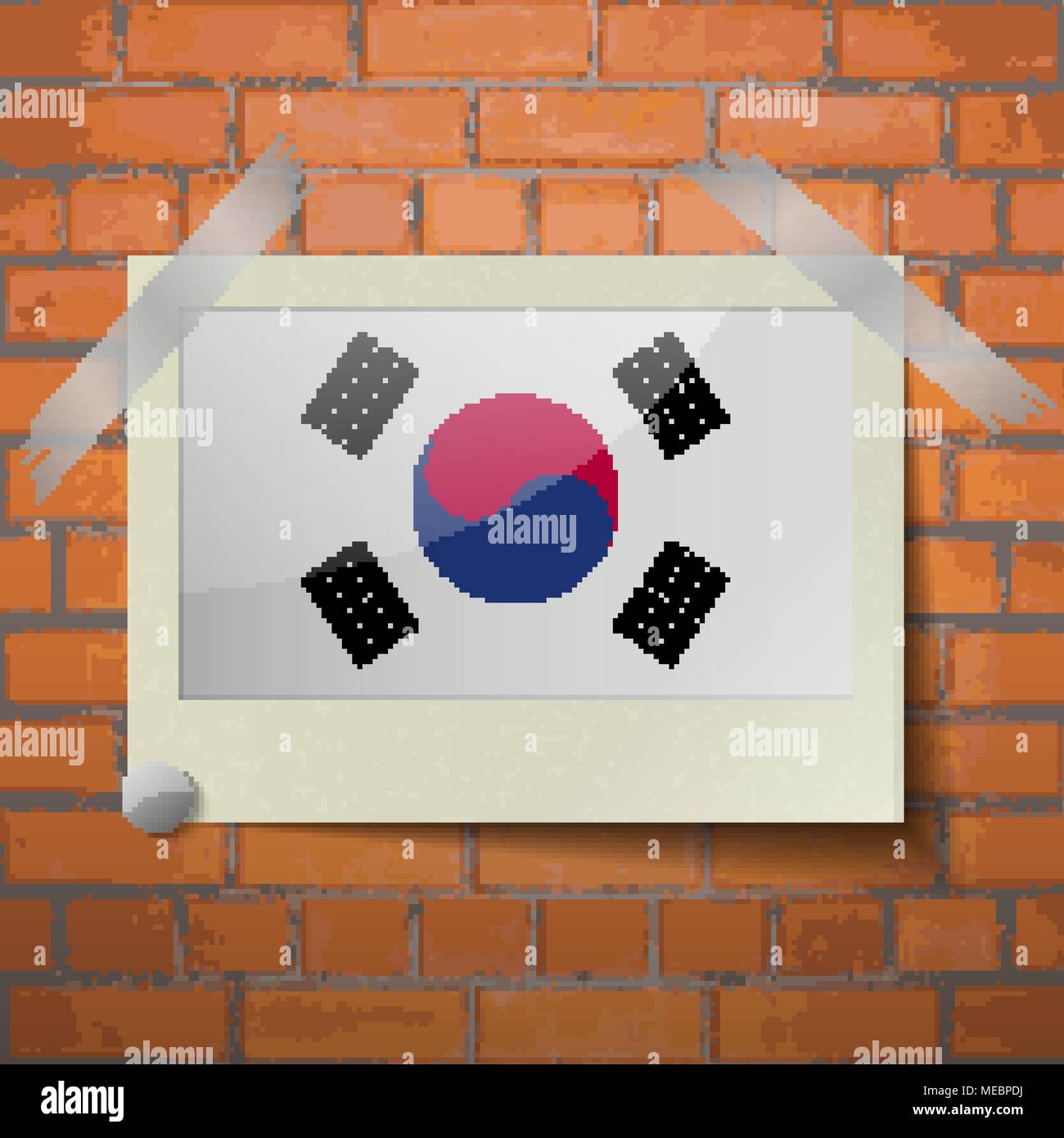 Flags of Korea South scotch taped to a red brick wall. Vector Stock ...