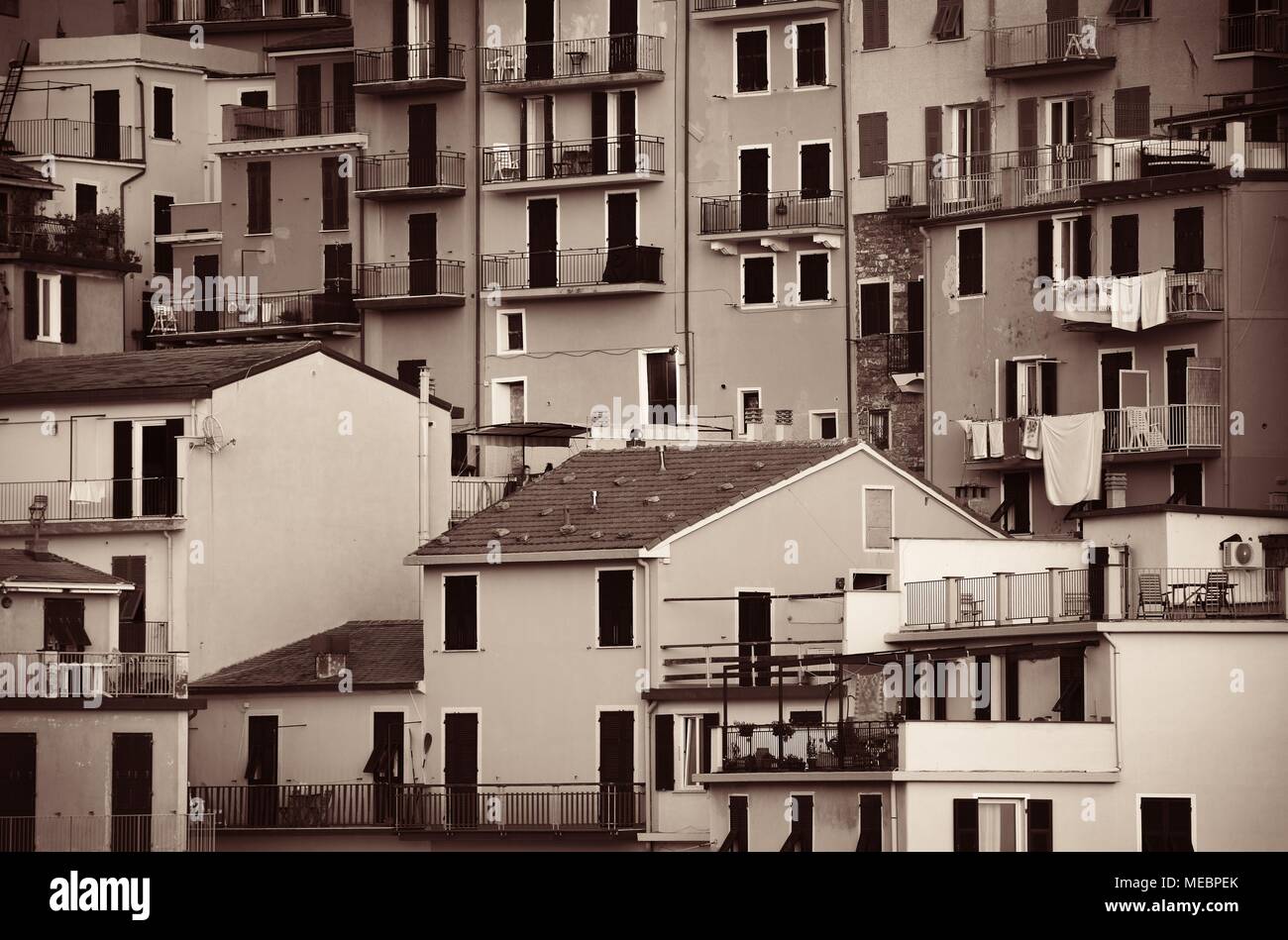Abstract Italian style building closeup background in Manarola, Cinque ...