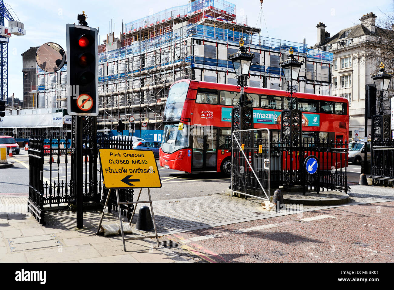 London bus at the entrance of Regent's Park - London - England Stock ...