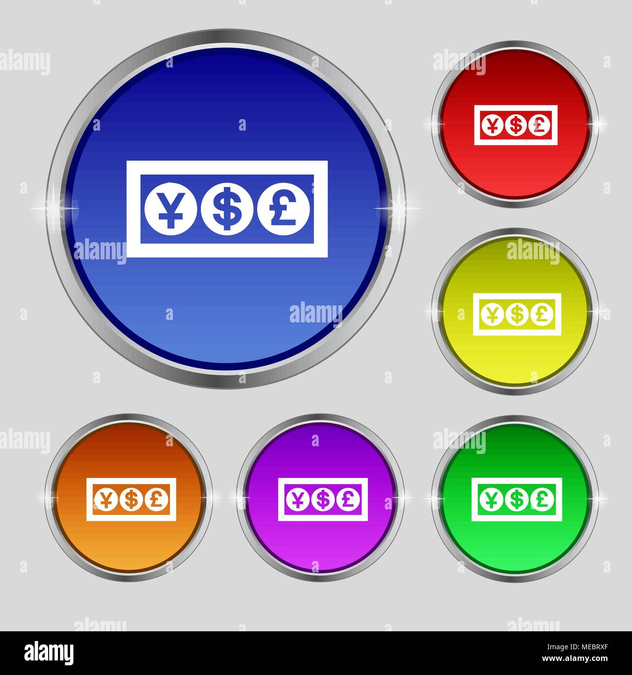 Cash currency icon sign. Round symbol on bright colourful buttons ...