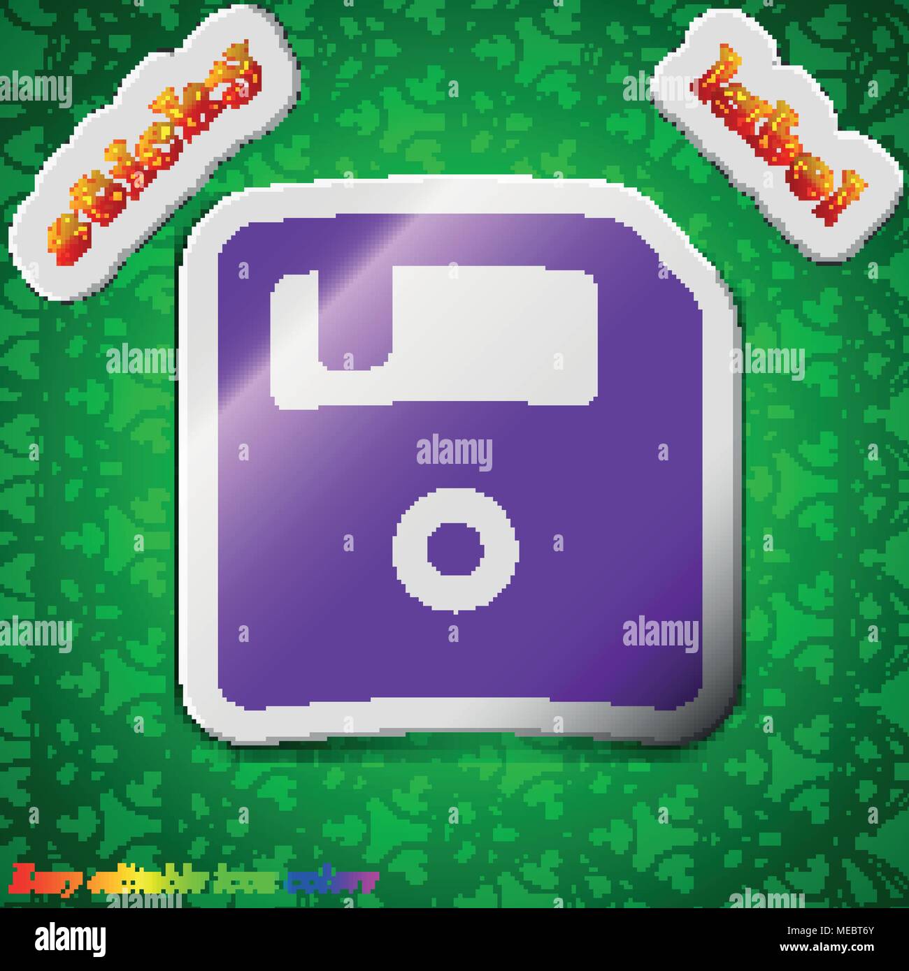 floppy icon sign. Symbol chic colored sticky label on green background ...