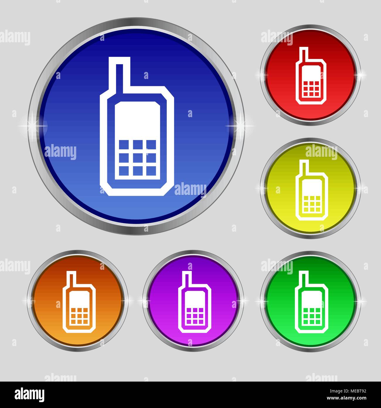 Mobile phone icon sign. Round symbol on bright colourful buttons ...