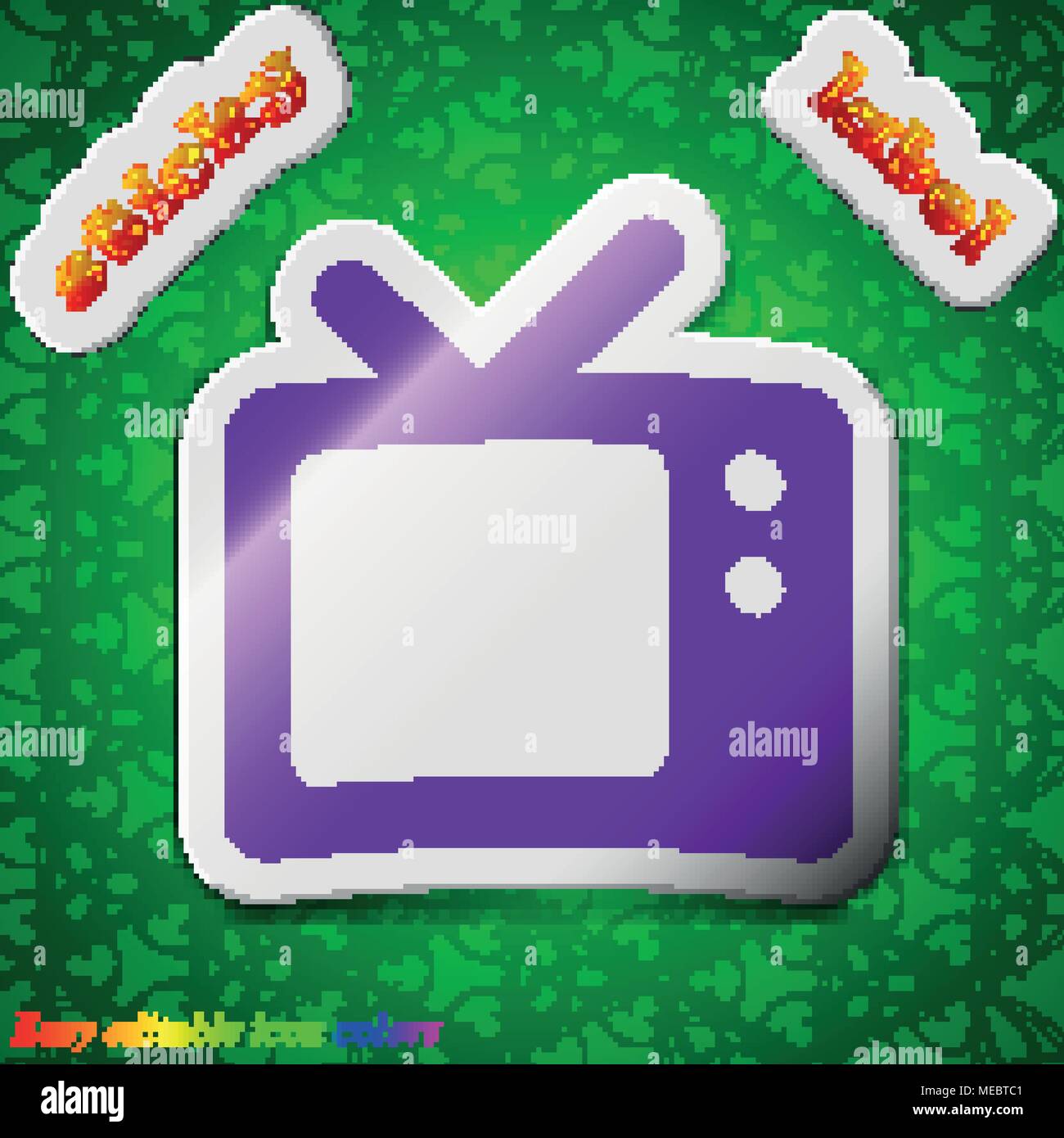 Retro TV icon sign. Symbol chic colored sticky label on green ...