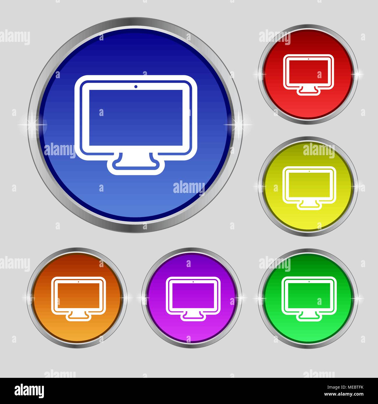 monitor icon sign. Round symbol on bright colourful buttons. Vector ...