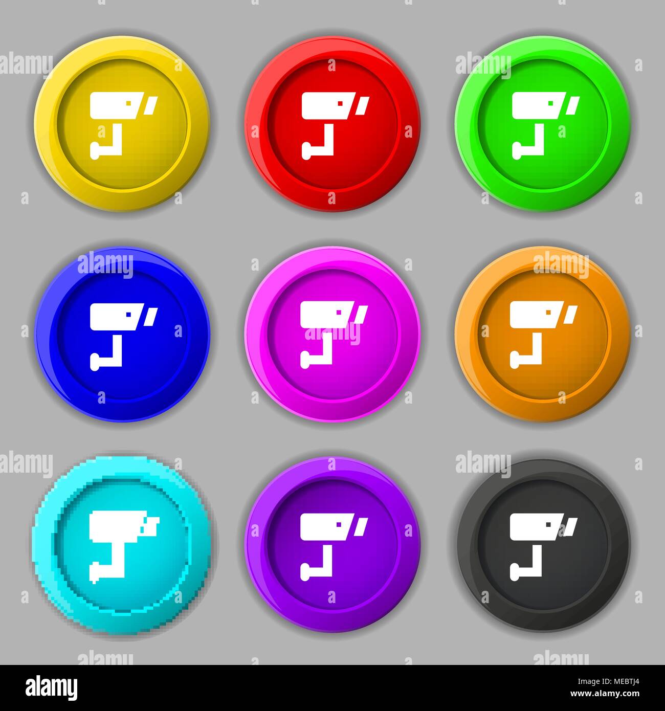 Surveillance Camera icon sign. symbol on nine round colourful buttons ...
