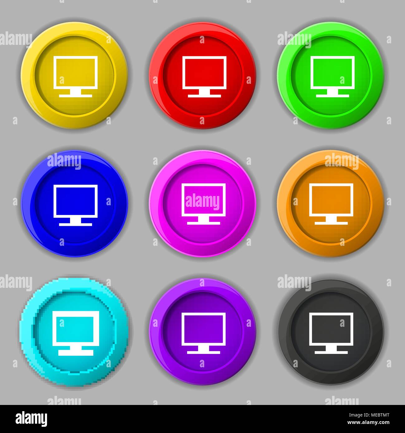 Computer Widescreen Monitor Icon Sign Symbol On Nine Round Colourful Buttons Vector