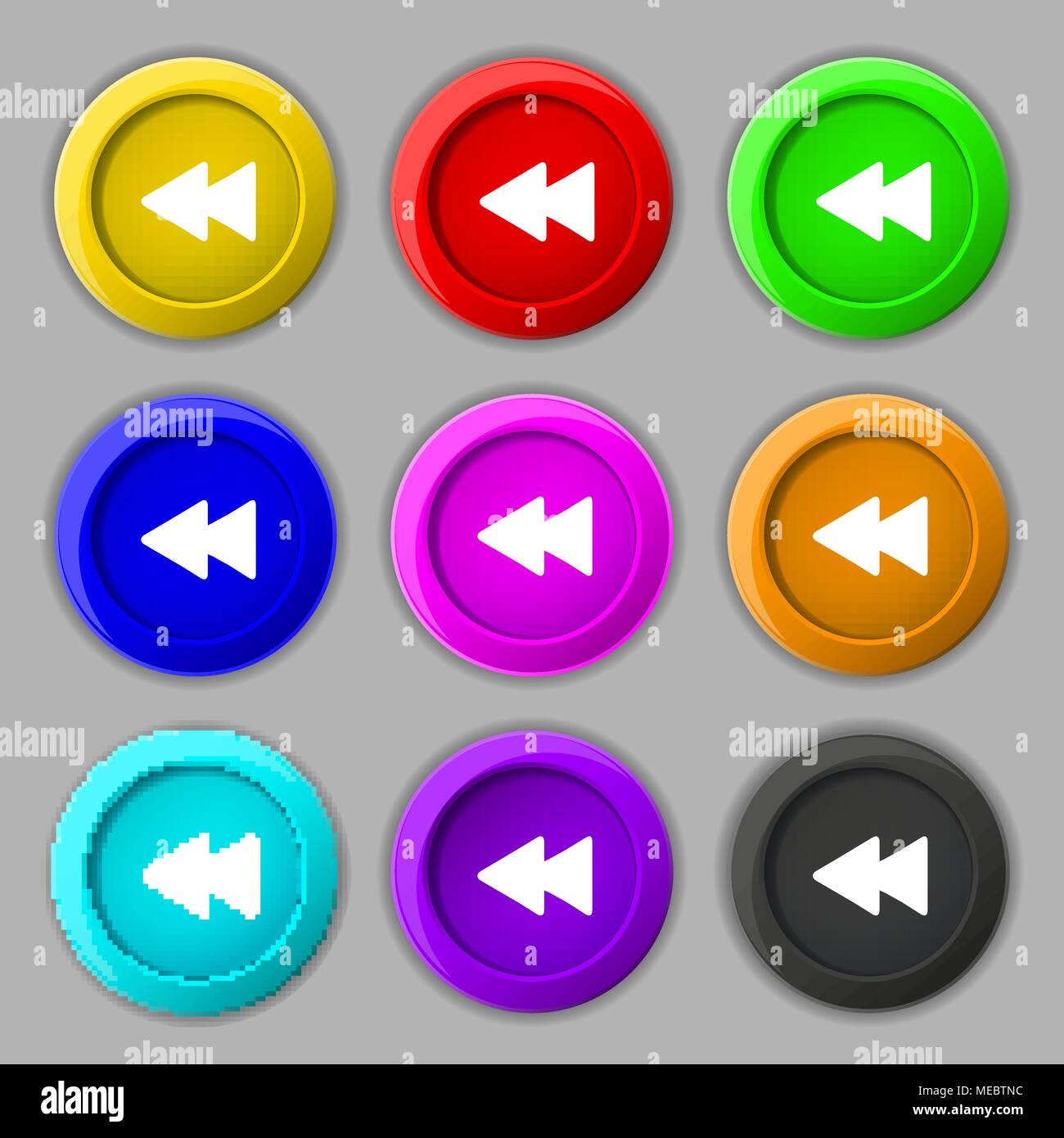 rewind icon sign. symbol on nine round colourful buttons. Vector ...