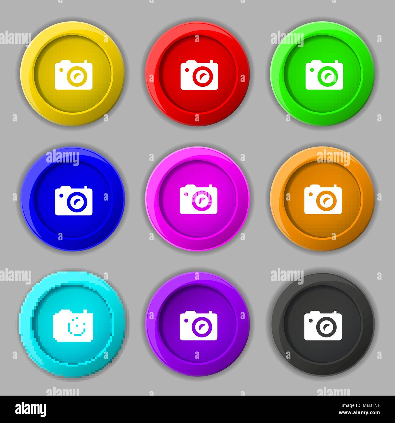 Digital photo camera icon sign. symbol on nine round colourful buttons ...