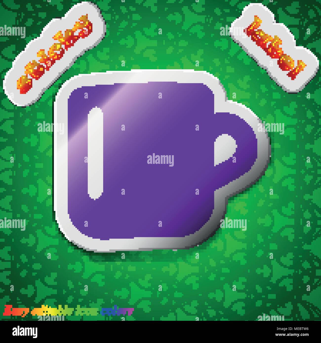 cup coffee or tea icon sign. Symbol chic colored sticky label on green ...