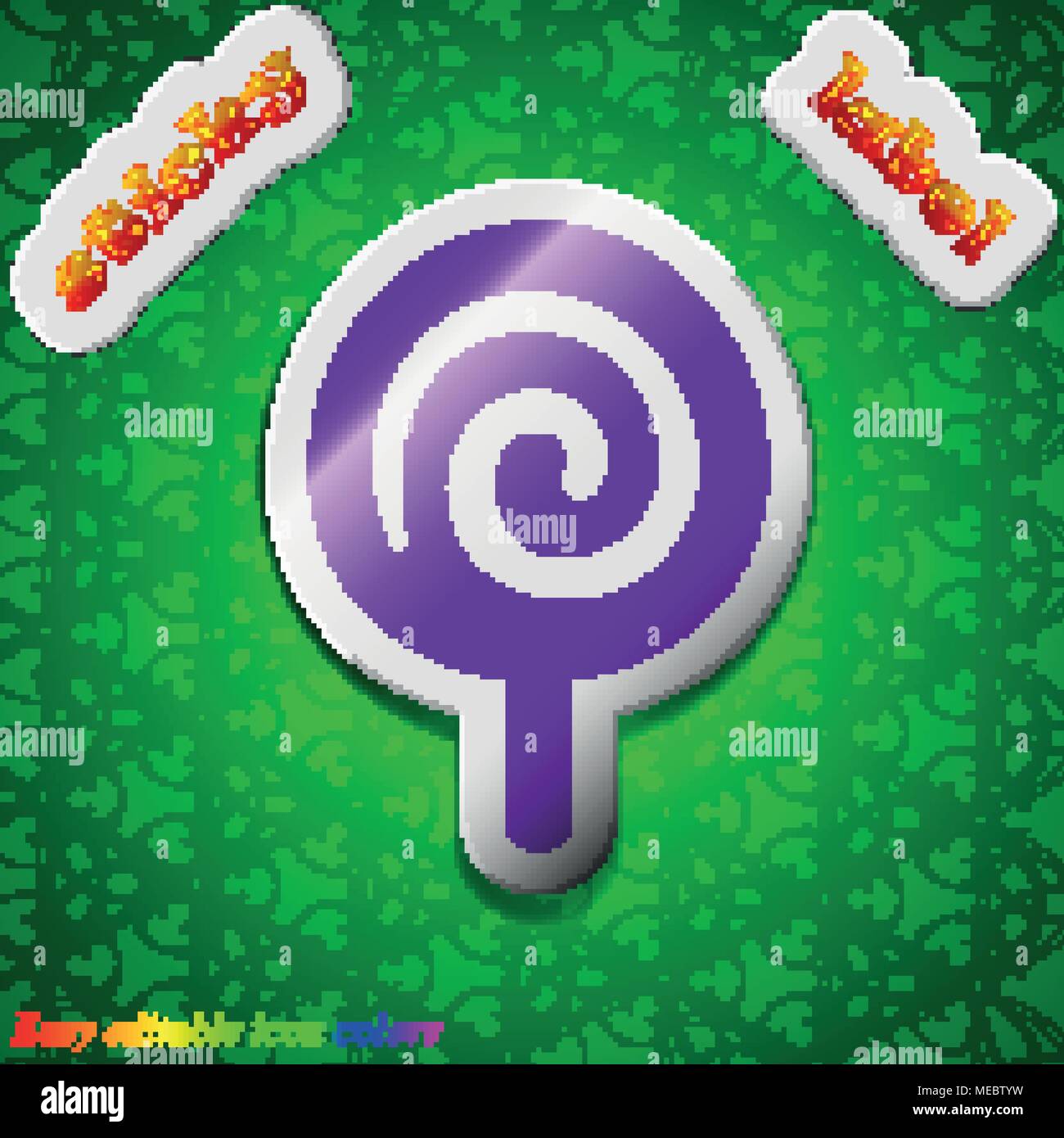 candy icon sign. Symbol chic colored sticky label on green background ...