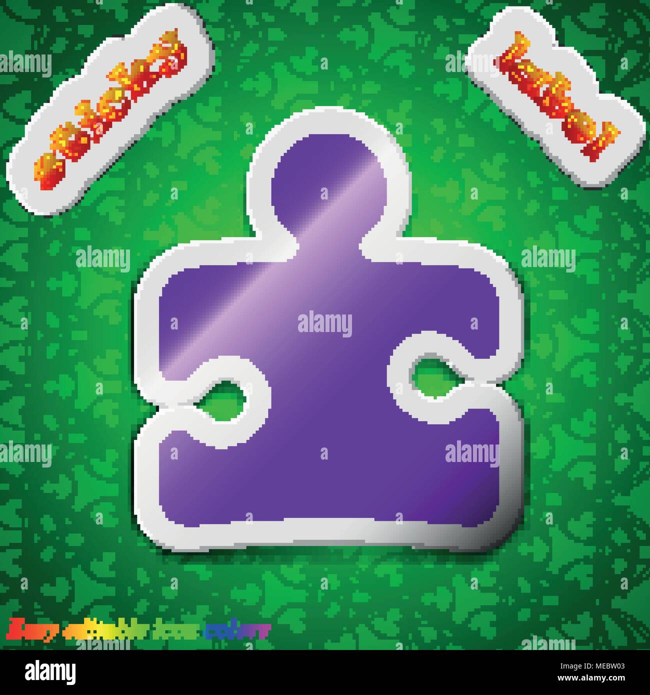 Puzzle piece icon sign. Symbol chic colored sticky label on green ...