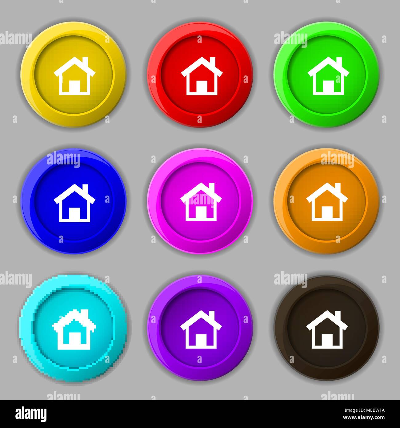 Home, Main page icon sign. symbol on nine round colourful buttons ...