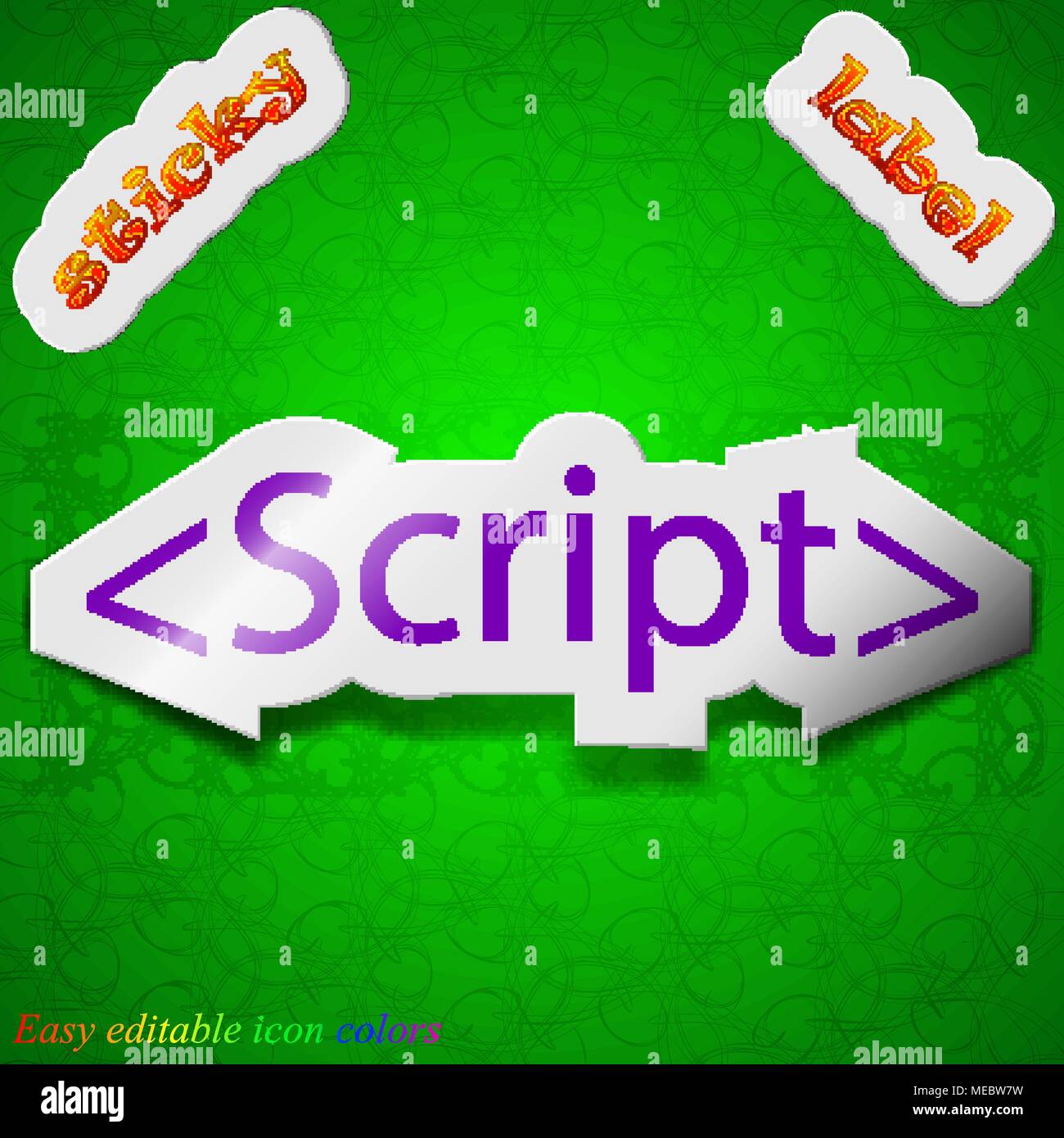 Script icon sign. Symbol chic colored sticky label on green background ...