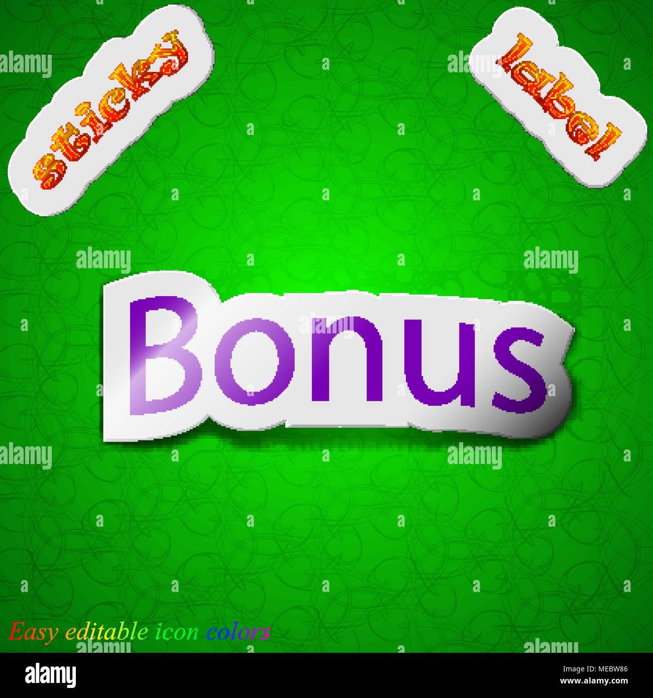 Bonus icon sign. Symbol chic colored sticky label on green background ...
