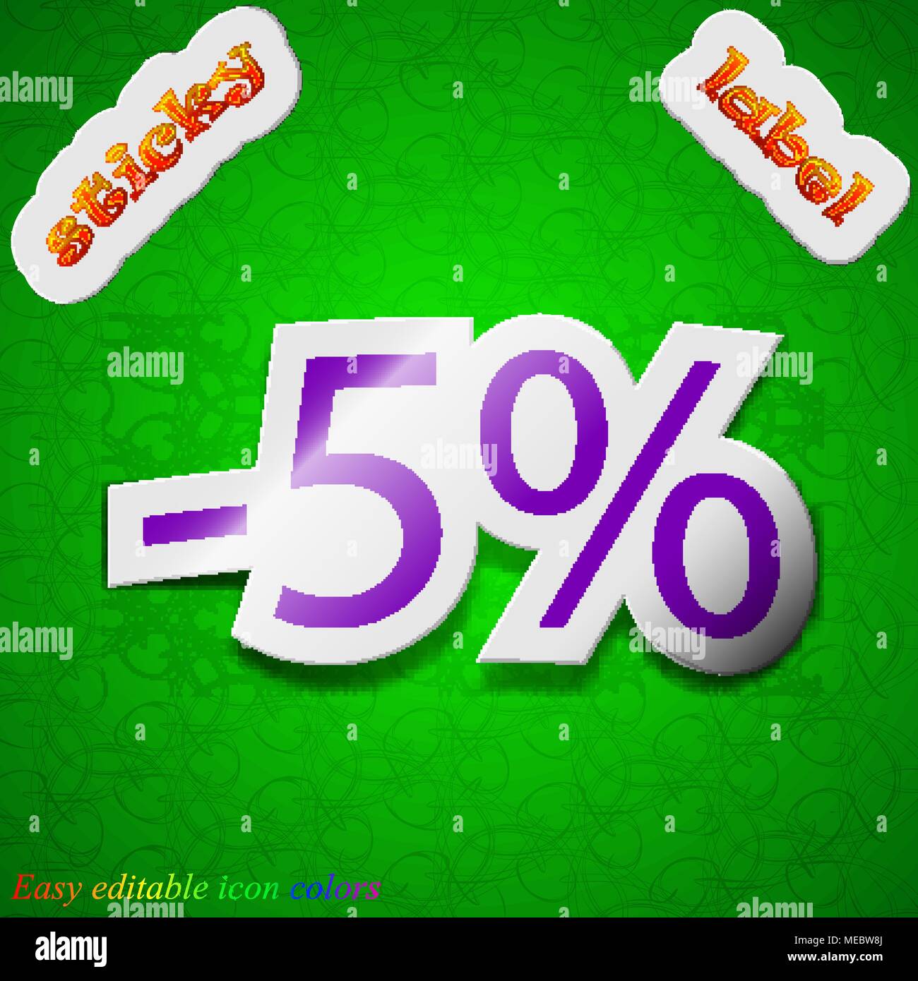 5 percent discount icon sign. Symbol chic colored sticky label on green ...