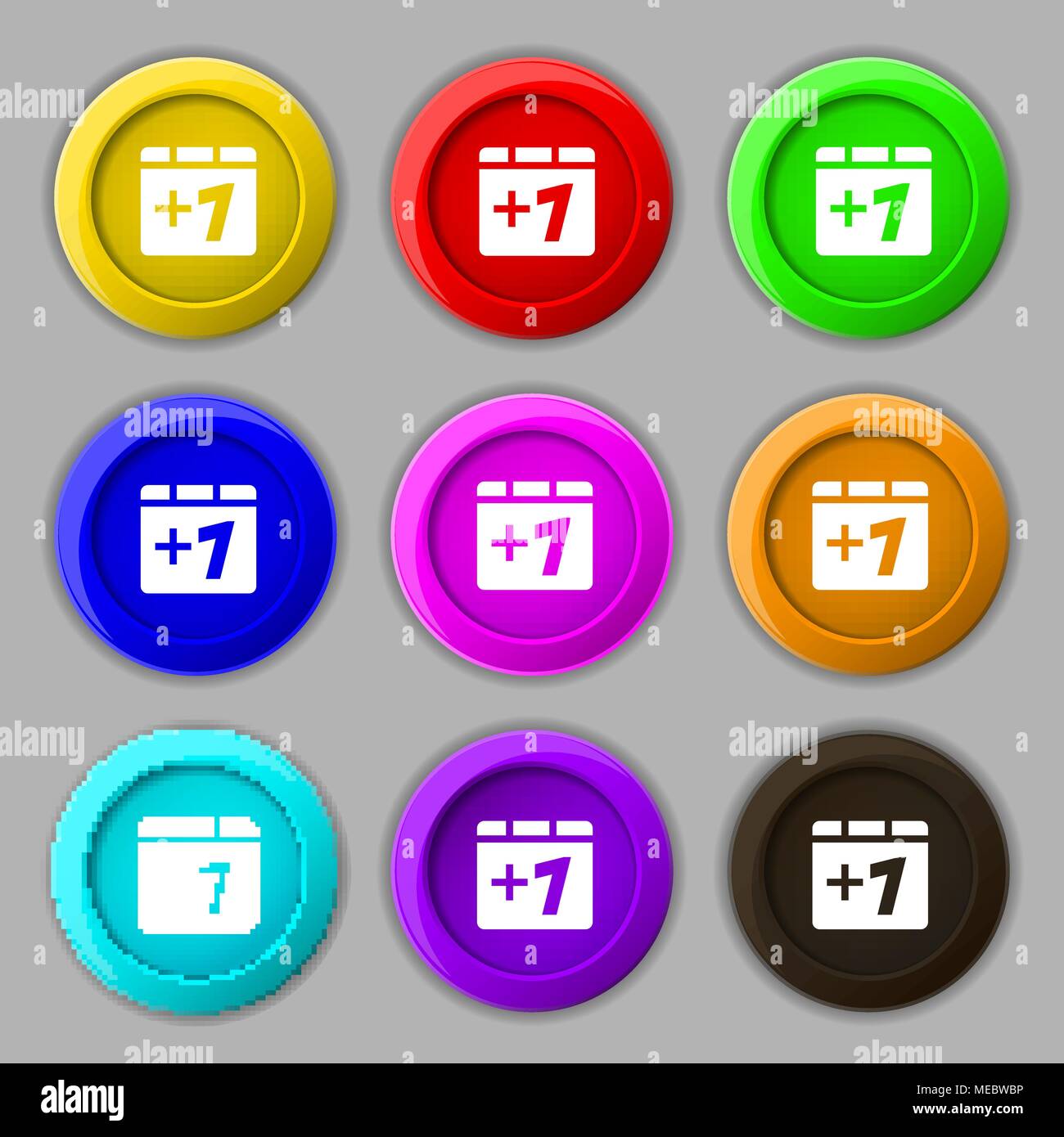 Plus one, Add one icon sign. symbol on nine round colourful buttons ...