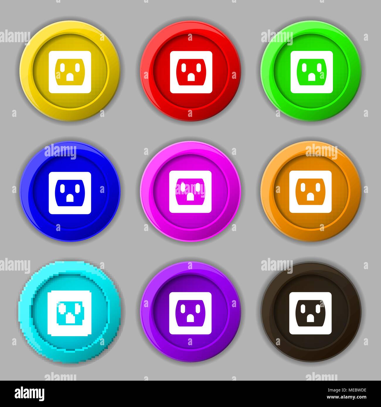 Electric plug, Power energy icon sign. symbol on nine round colourful ...