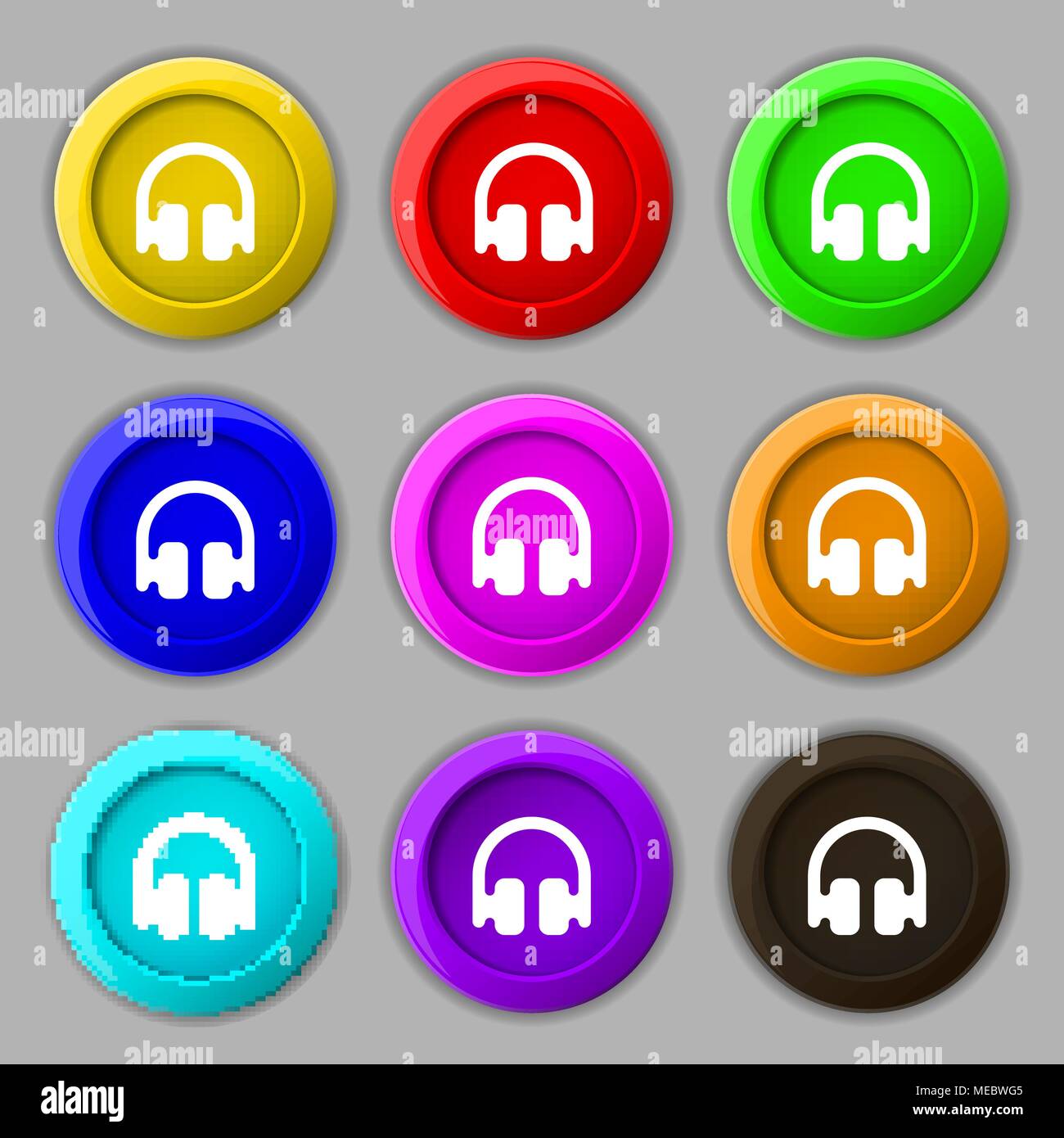 Headphones, Earphones icon sign. symbol on nine round colourful buttons ...