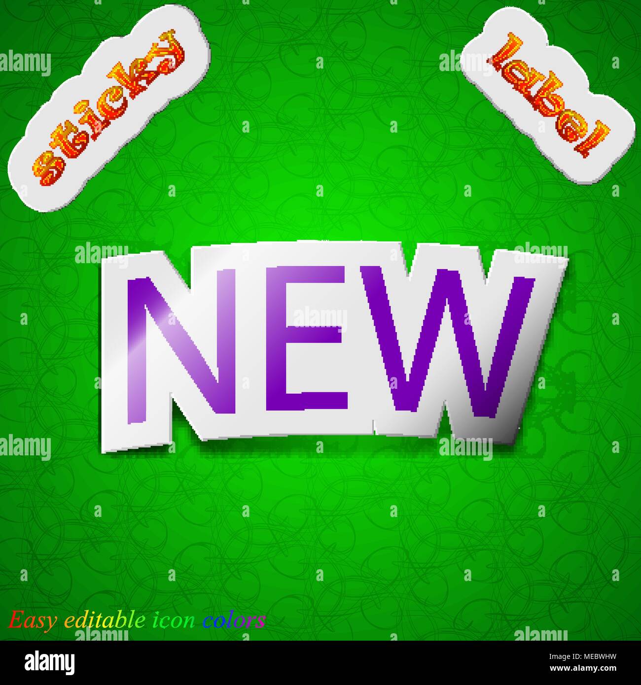 New icon sign. Symbol chic colored sticky label on green background ...