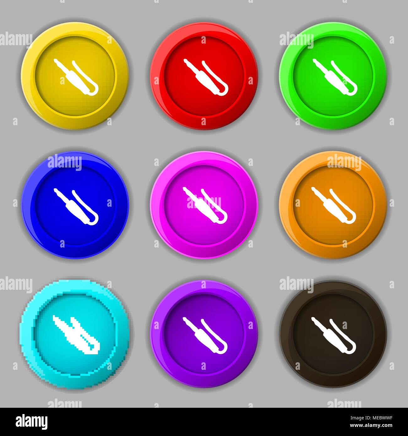 plug, mini jack icon sign. symbol on nine round colourful buttons ...
