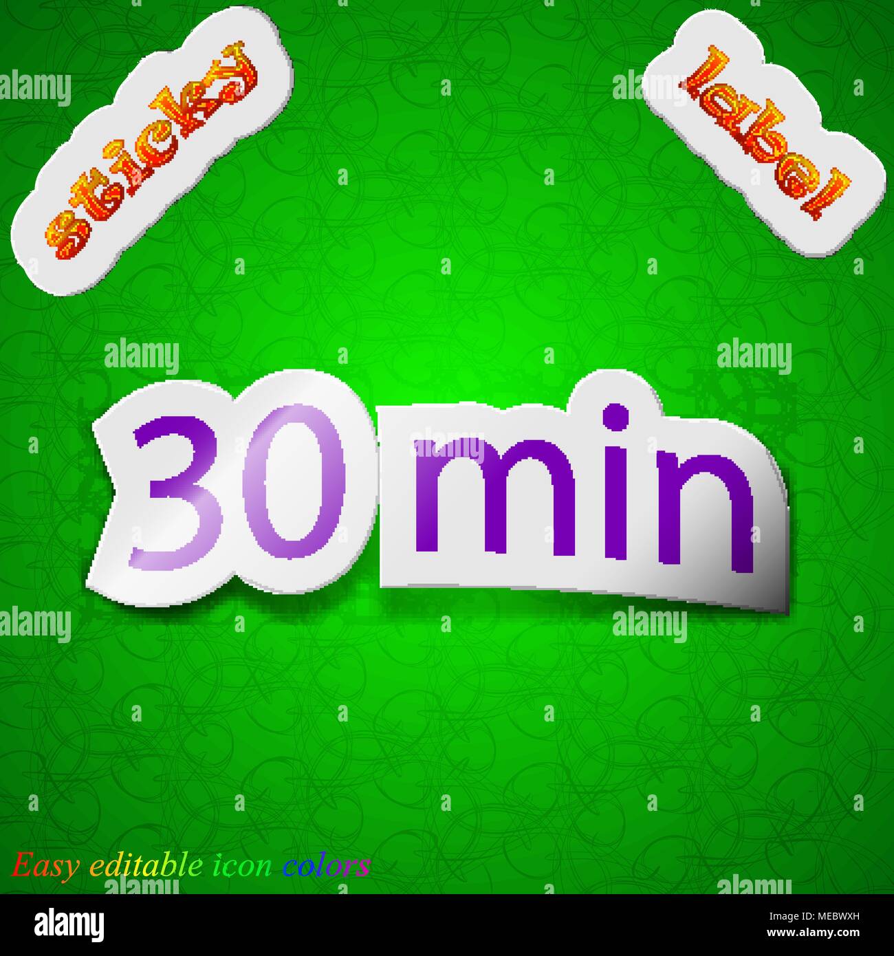30 icon sign. Symbol chic colored sticky label on green background ...