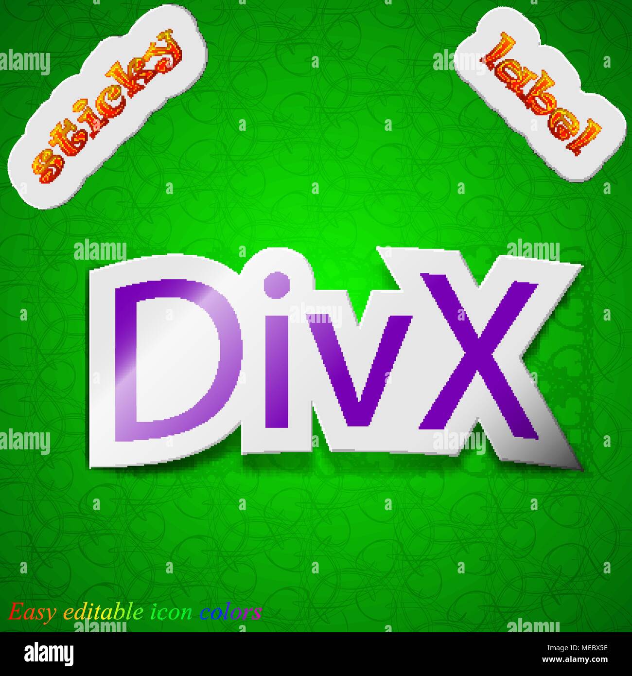 DivX video format icon sign. Symbol chic colored sticky label on green ...
