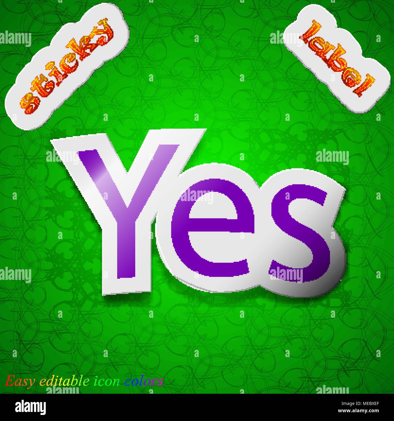 Yes icon sign. Symbol chic colored sticky label on green background ...